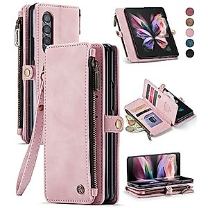 Defencase Wallet Lanyard Case for Galaxy Z Fold 3 - PU Leather, Flip, Zip Card Holder, Pink