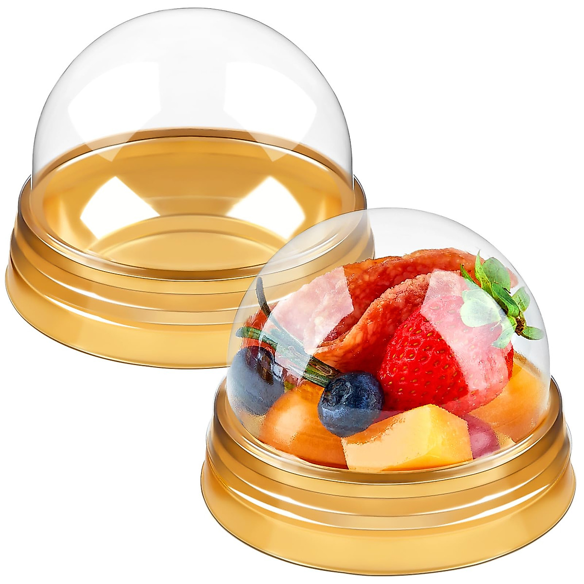 Zezzxu 3 Inch Charcuterie Domes with Lids, 50 Pack Clear Plastic Bundt Cake Containers Hot Cocoa Bombs Boxes Individual Cups for Packaging Desserts Strawberries (Gold Base)