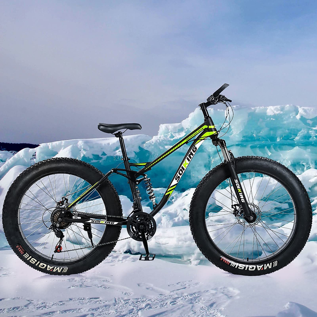 Fat Tire Mountain Bike, 26'' 21 Speed Outdoor Snow Beach Hybrid MTB Racing Bikes for Adult Women Men, Comfort Complete Cruiser Bicycle, Lightweight City Commuter Road Cycling, Dual Disc Brakes (N)