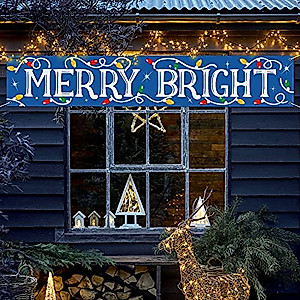 Merry Bright Banner Christmas Winter Holiday Fabric Garland Navy Blue Stars String Lights Hanging Sign Backdrop Photo Props for Wall Fence Fireplace Indoor Outdoor Home Decor Xmas Party Supplies