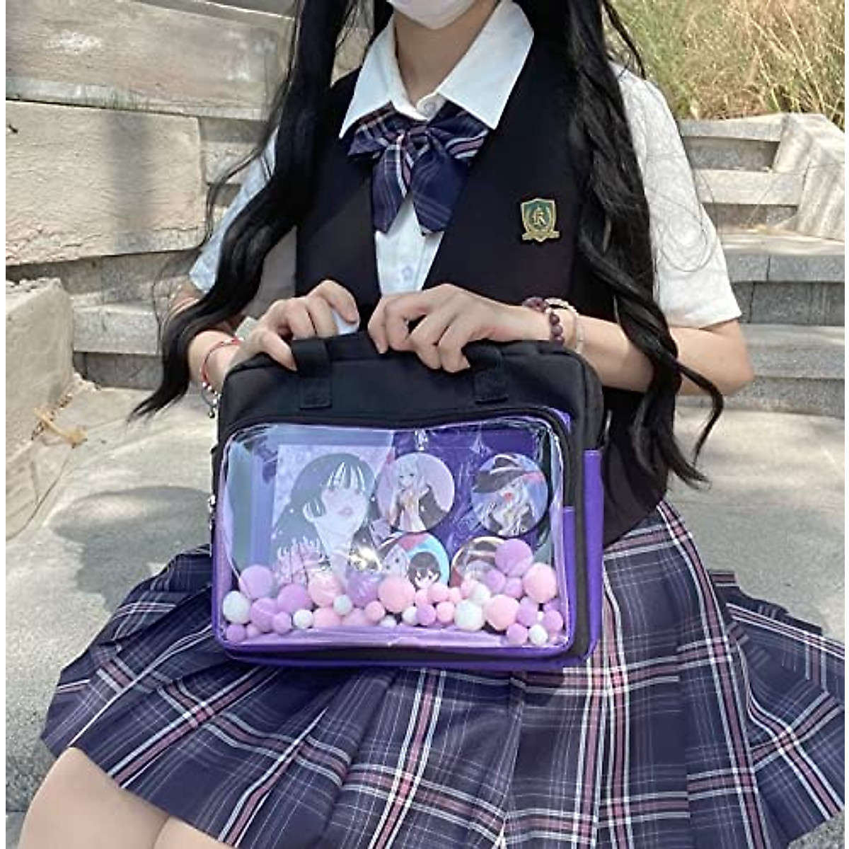 Hipi-shop Ita bag Japanese Color matching Transparent shoulder bag crossbody bag for Anime Lolita Bag DIY Cosplay Display Anime badges handbag (Black)