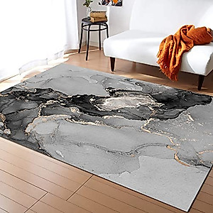 Light Luxury Black Gold Marble Area Rug, Grey Background Golden Moire Pattern Throw Rugs, Easy-Cleaning Anti Slip Carpet for Indoor Living Room Bedroom Apartment Decor Rug - 5 ft x 7 ft
