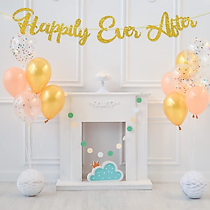 Dill-Dall Gold Glitter Happily Ever After Banner for Wedding Bachelorette Bridal Shower Engagement Party Hanging Decorations Sign