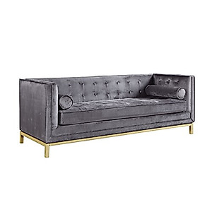 Iconic Home Dafna Club Sofa Sleek Elegant Tufted Velvet Plush Cushion Brass Finished Stainless Steel Brushed Metal Frame Couch, Modern Contemporary, Grey