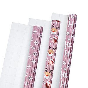 LeZakaa Christmas Wrapping Paper Mini Roll, Pink Metallic Foil Shine Paper - Snowflakes/Santa Claus/HO Print for Gift Wrap, Arts Crafts - 17 x 120 inches - 3 Rolls (42.5 sq.ft.ttl.)