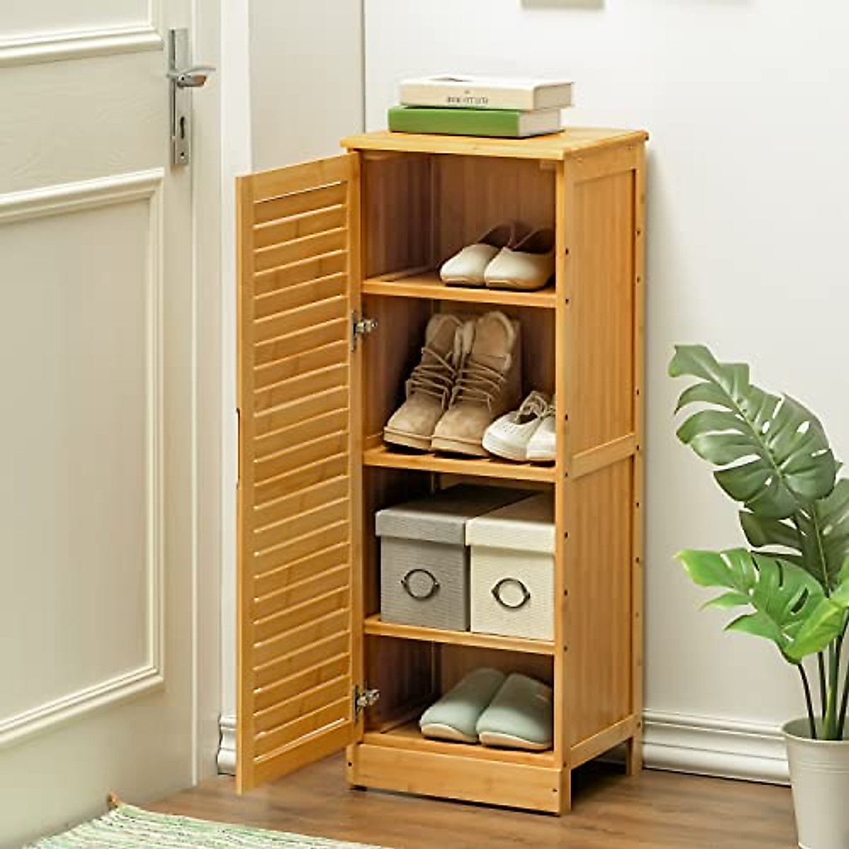 MoNiBloom 4 Tier Storage Cabinet Free Standing with Shutter Door, Bamboo Shoes Organizer Rack for 6-10 Pairs Bedroom Entryway Hallway, Natural