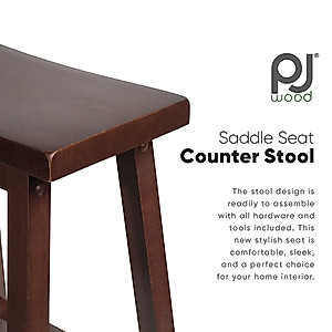 PJ Wood Classic Modern Solid Wood 24 Inch Tall Backless Saddle-Seat Easy Assemble Counter Stool for All Occasions, Walnut (1 Piece)