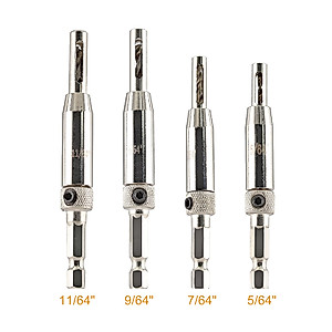 Lanzeuta 6pcs Self Centering Drill Bit Set with Automatic Center Punch & Hex Key, 1/4-Inch Hex Shank Hinge Center Drill Bit Core Hole Puncher for Woodworking, 5/64", 7/64", 9/64", 11/64"