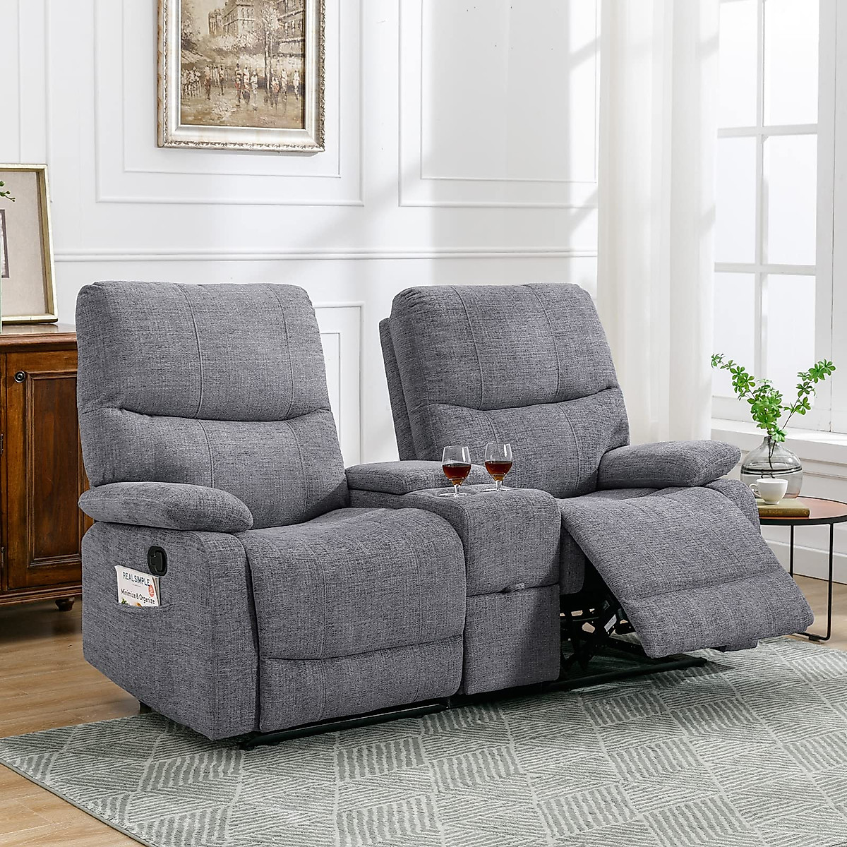 B BAIJIAWEI Double Reclining Loveseat - Fabric Home Theater Seating with Console - 2 Seater Manual Reclining Couch for Living Room, Office (Fabric- Light Grey)