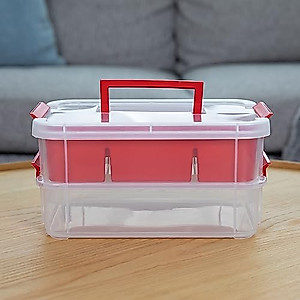 Bins & Things 2 Trays Stackable Storage Organizers Container with Compartments - Arts and Crafts Supply Box - Bead Plastic Organizer - Embroidery Thread Organizing Box - Multi-Divided Holder, Red
