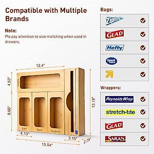 Delamu Ziplock Bag Organizer - 5 Separate Plastic Bag Organizers for Kitchen Drawer - Foil and Plastic Wrap Dispenser with Cutter 12" Roll, Baggie Organizer for Gallon, Quart, Snack, Sandwich Bags