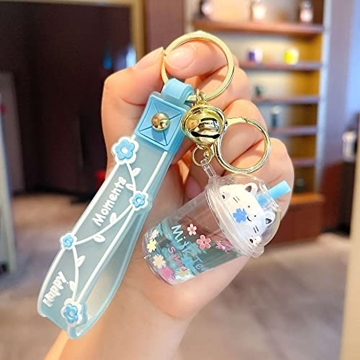 Sunfans Girls Women Keychain, Summer Beautiful Flower Milk Tea Bubble Tea Lucky Fortune Cat Cup Moving Sand Liquid Keyrings, Acrylic Car Key Chain Key Ring Bag Pendant Key Holder Wrist Strap -Pink