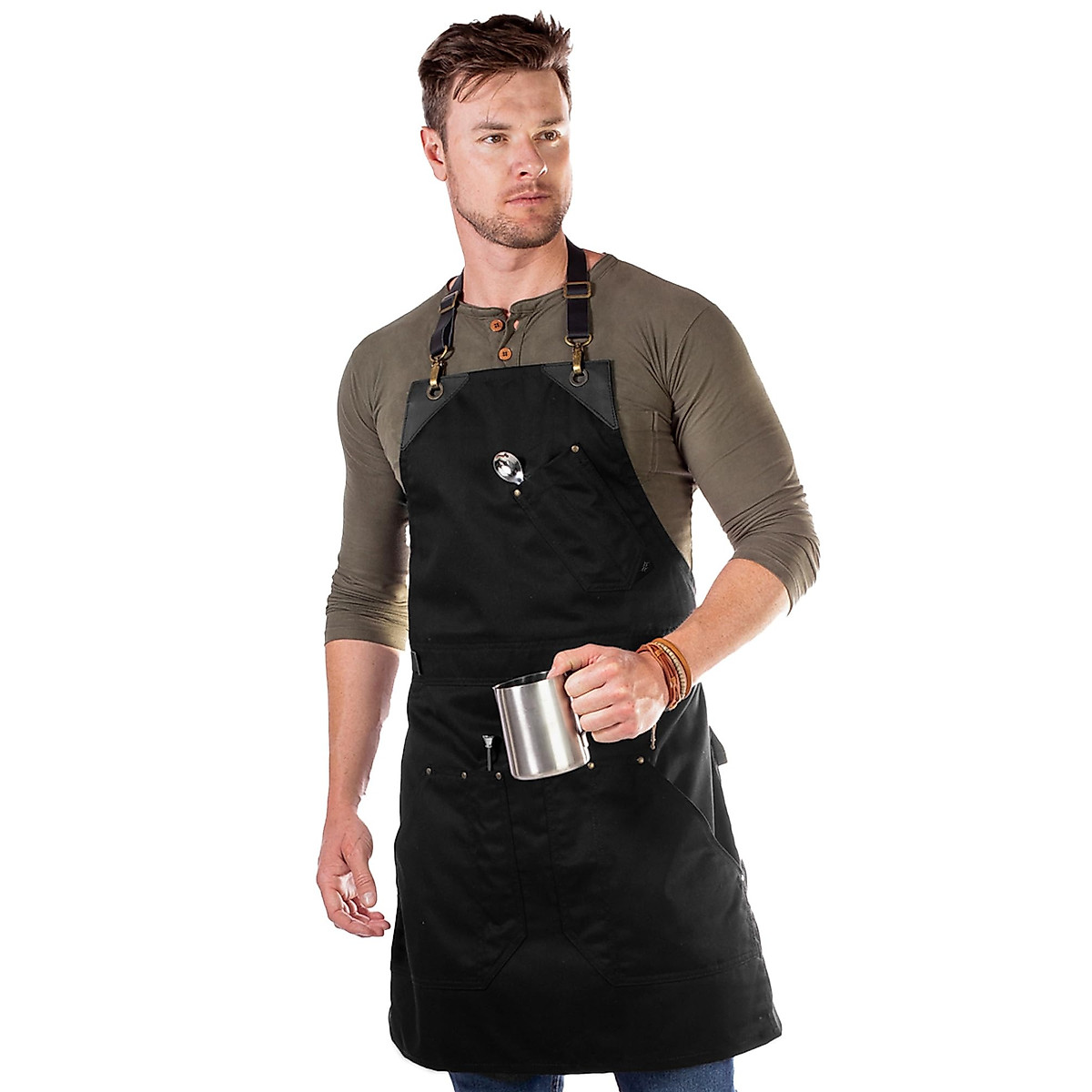 Under NY Sky Barista Apron - Black Leather Straps and Reinforcement - Riveted Pockets - Double Stiched - Leather Ring Loop - Professional Black Twill - Double as Half Bistro Apron - Chefs, Bartender