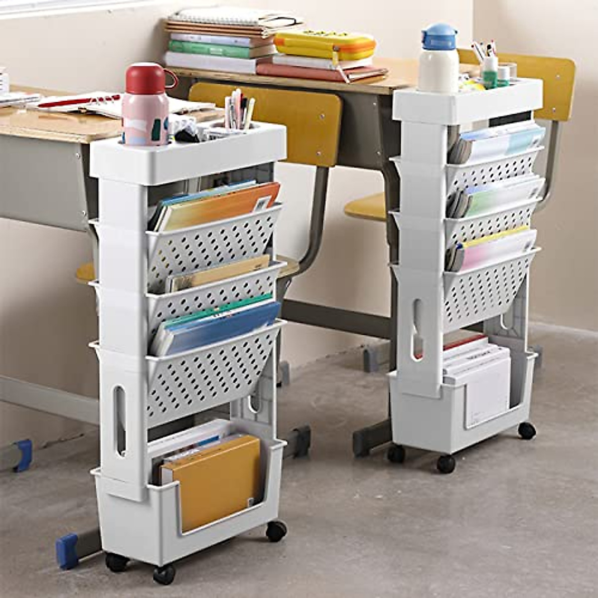 Movable Bookshelf, Rolling Utility Cart Multifunctional Storage Trolley, Multilayer Capacity Bookshelves Organizer, Rotatable Removable Plastic Rolling Organization Shelf
