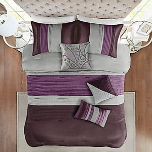 Madison Park Amherst Faux Silk Comforter Set-Casual Contemporary Design All Season Down Alternative Bedding, Matching Shams, Bedskirt, Decorative Pillows, King(104"x92"), Purple, 7 Piece (MP10-127)