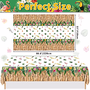 PIXHOTUL 4 Pack Hawaiian Luau Grass Tablecloths, Hawaii Luau Table Skirt Party Decorations, Tropical Palm Tablecover for Summer Beach BBQ Tropical Ahola Party Baby Shower, 86 x 51in