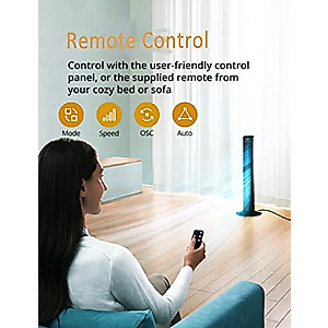 Tower Fan, Whole Room Wind Curve Oscillating Tower Fan with Remote Control, 3 Modes, 12H Timer, LED Display with Auto Screen Off, Low Noise Floor Bladeless Fan for Bedroom, Study or Office Use, black