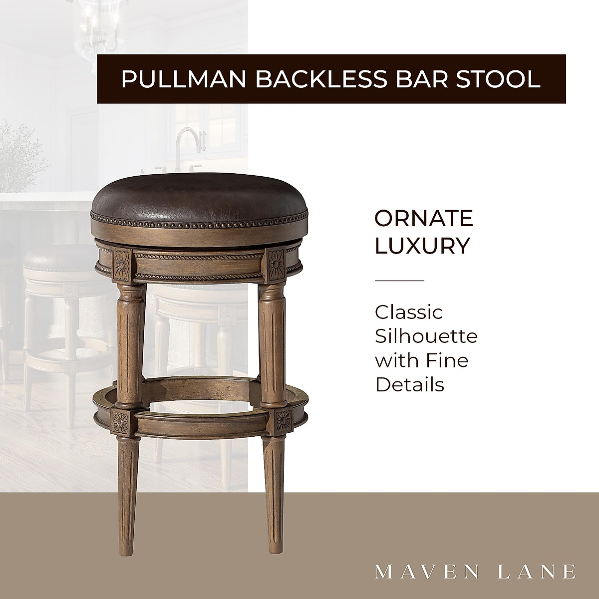 Maven Lane Pullman 31 Inch Tall Bar Height Upholstered Backless Barstool in Walnut Finish with Marksman Saddle Vegan Leather Cushion Seat, Set of 3