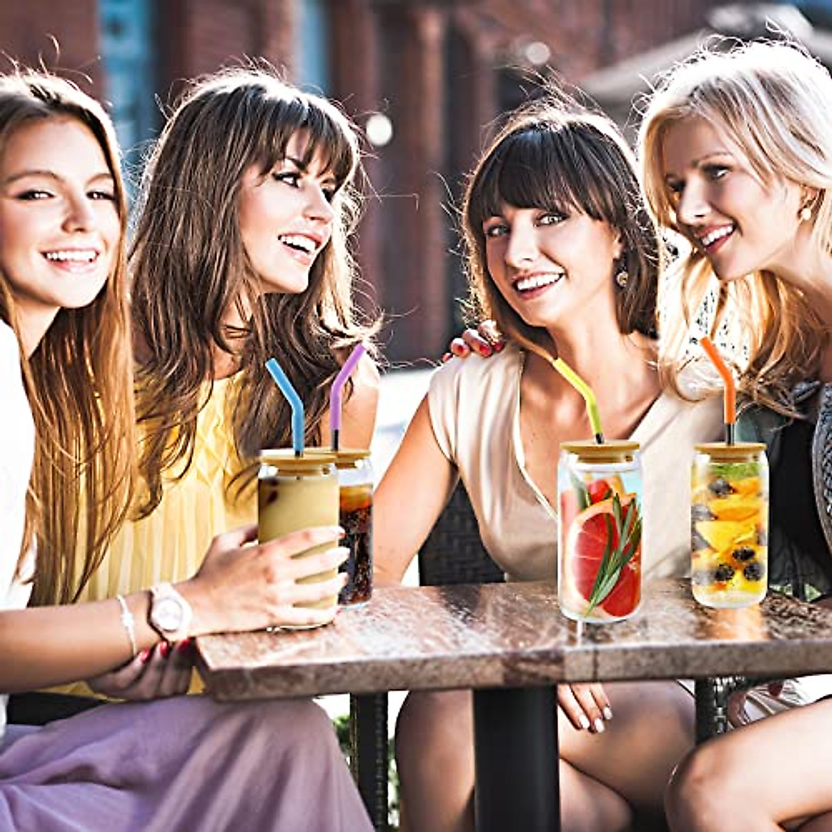 AUGOSTA Beer Can Glass with Lids and Straw, 16 oz Reusable Drinking Glasses Tumbler, Free 4 Bamboo lids, 4 Stainless Steel Straw with Colored silicone plug, 2 Cleaning Brush, 4 Pack