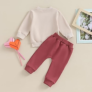 Meiweileya Infant Baby Boy Girl Fall Winter Clothes Loved Long Sleeve Sweatshirt Pullover Tops Red Pants Set Valentines Day Outfit 2Pcs (Khaki+Red, 12-18 Months)