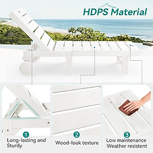 Homenjoy Chaise Lounge Chair Outdoor with Table, 3-Piece, HDPS Material, Outdoor Pool Lounge Chairs with 5-Position Backrest, Patio Lounge Chair with Wheels for Outside, Poolside, Beach, White