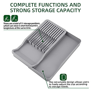 AWZITUO In Drawer Knife Organizer, 2 Tier Kitchen Knife Drawer Holder Insert with Expandable Storage Tray Holds 11 Knives, Drawer Knife Organizer for Kitchen Saves Space (Gray)