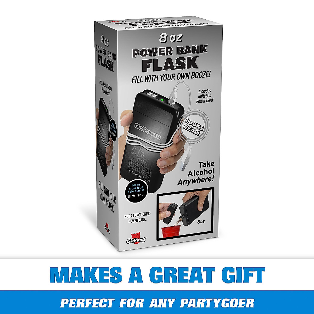 GoPong Power Bank Flask - 8 oz Hidden Alcohol Container - Includes Funnel and Liquor Bottle Pour Spout