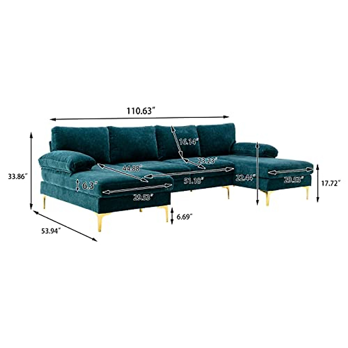 JINS&VICO Sectional Sofa, Modern U-Shaped Upholstered Accent Sofa Couch with Padded Seat and Metal Feet, Comfy Leisure Lounge Sofa for Living Room Bedroom Office, Teal Blue