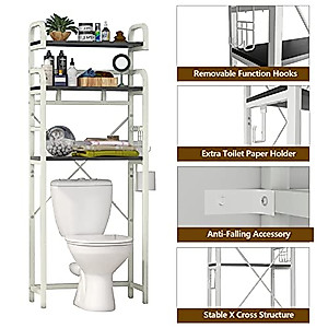 Gyfimoie Over The Toilet Storage Shelf, 3-Tier Metal Bathroom Organizer Rack, Modern Freestanding Space Saver with Adjustable Bottom Bar,4 Hooks & Paper Holder for Laundry Bathroom Balcony