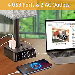 Table Lamp for Bedroom Nightstand - Bedside Lamp with Usb Charging Ports and Outlets,Touch Lamp with Clock, Modern Night Stand Lamps with Square Fabric Lampshade for Living Room(LED Bulb Included)