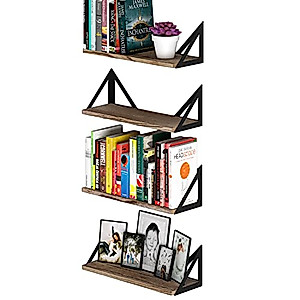 Wallniture Minori Floating Shelves Set of 4, Small Bookshelf Unit for Bedroom, Office, Bathroom, and Living Room, Natural Burned Rustic Wood Wall Decor with Metal Floating Shelf Bracket