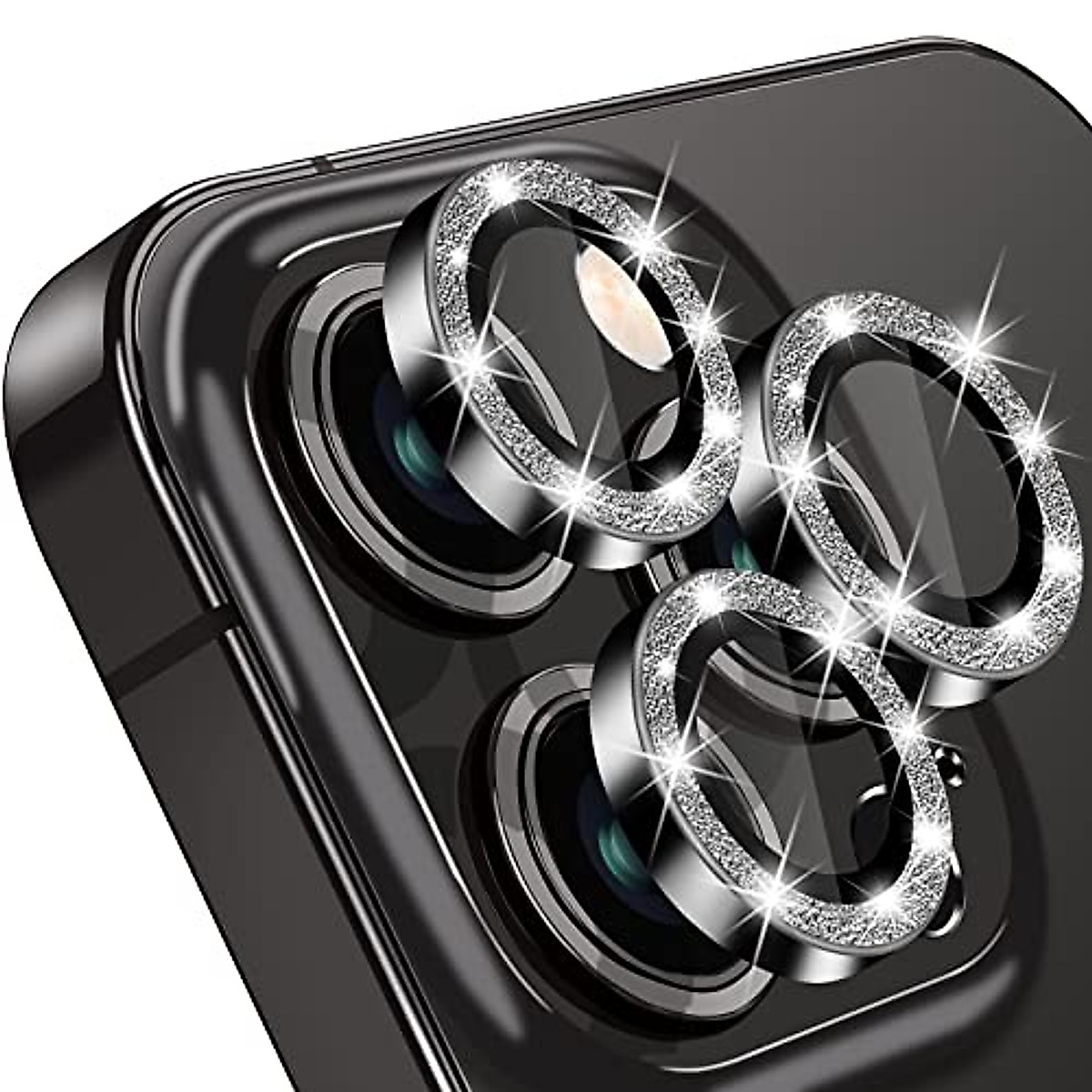 Hsefo Compatible with iPhone 14 Pro & 14 Pro Max Camera Lens Protector, Bling Glitter Diamond Lens Cover 9H Tempered Glass Camera Cover Anti Scratch Shockproof Screen Protector Individual Lens Ring - 3PCS Glitter Black