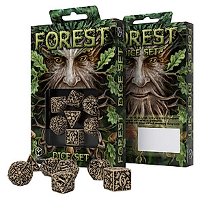 Q WORKSHOP Forest Engraved beige & black RPG ornamented Dice Set 7 polyhedral pieces