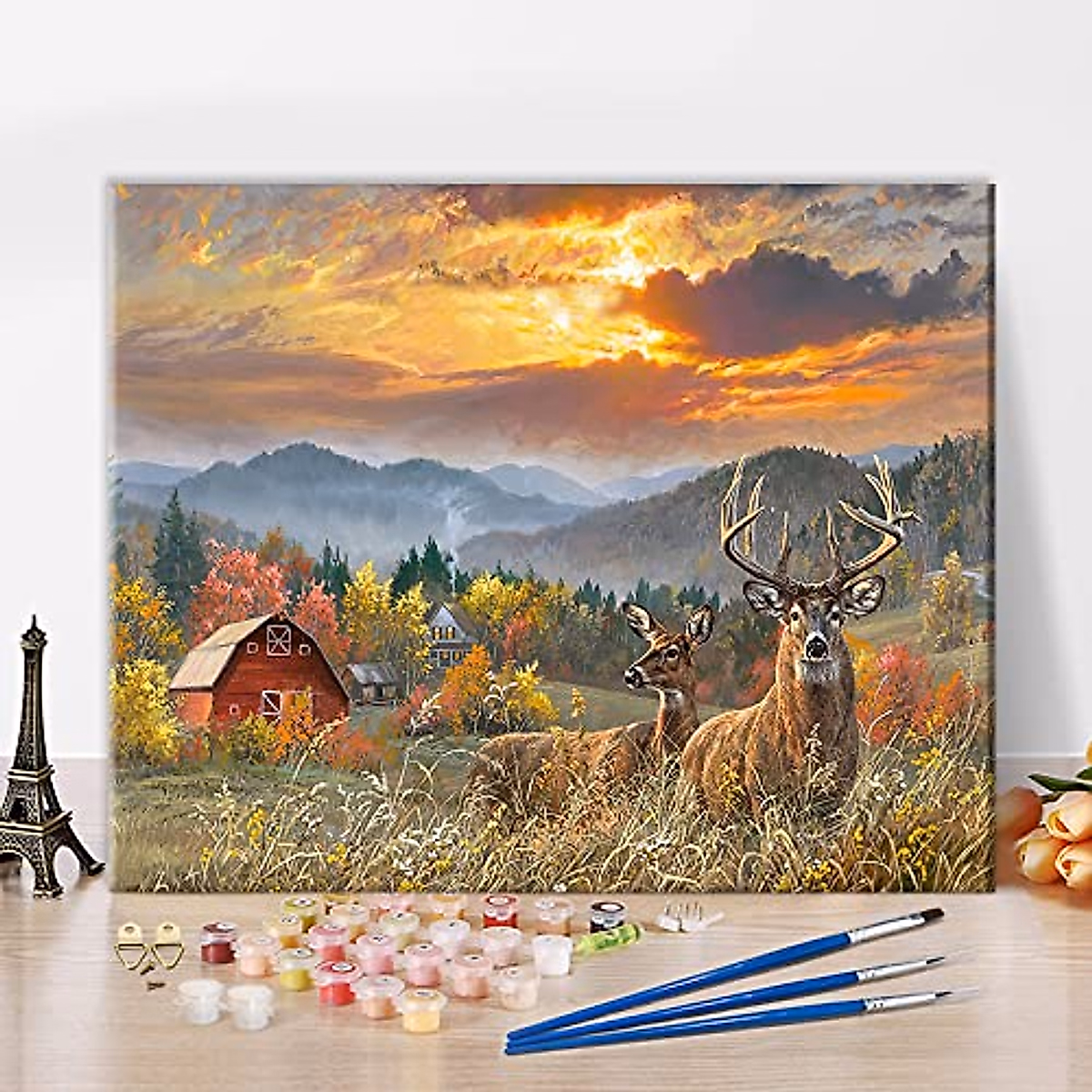 Deer Canvas Painting by Numbers Kits for Adults Countryside Red Barn Art Design Picture Modern Painting for Adults Kids Wall Decor with Paintbrushes Acrylic Pigment for Living Room Bedroom16"x20"