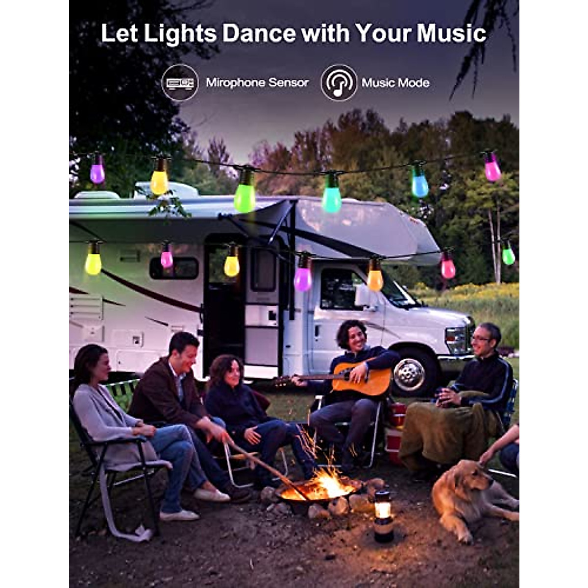 Jevindo Solar Outdoor String Lights, Portable 48ft IP65 Waterproof Patio RGB LED String Lights with 15 LED Bulbs Dimmable Multi-Color, Smart Bluetooth App Control, Balcony, Backyard, Camping, Travel