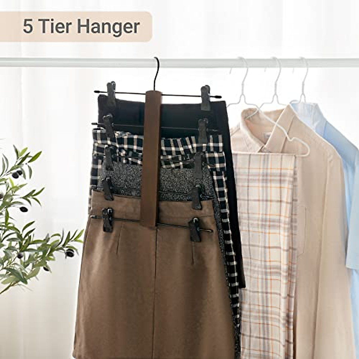 Mkono 3 Pack Pants Hangers Space Saving 5 Tier Skirt Hanger with Adjustable Clips, Wood Rubber Coated Clips Clothes Hanger for Shorts Trouser Jeans Organize 360 Swivel Multiple Closet Storage Hanger