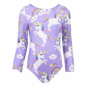 TENVDA Gymnastics Leotards for Girls 3t 4t Long Sleeve Tumbling Outfit Sparkly Purple Unicorn Toddler Kids Bodysuits