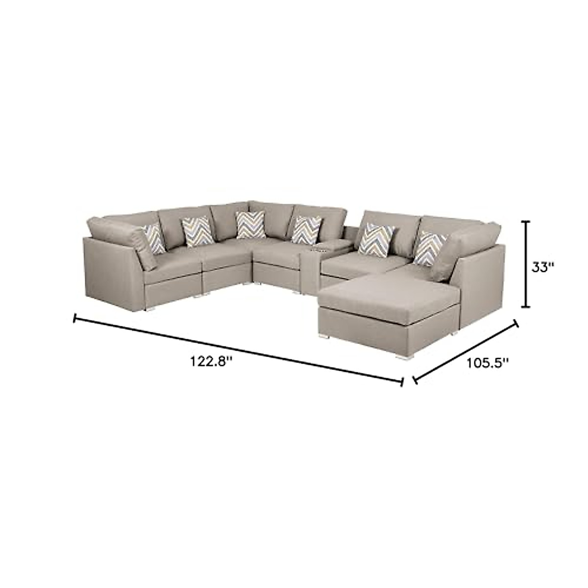 Lilola Home Amira Beige Fabric Reversible Modular Sectional Sofa with USB Console and Ottoman