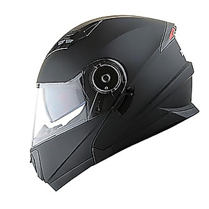 1Storm New Motorcycle Bike Modular Full Face Helmet Dual Visor Sun Shield with LED Tail Light + Motorcycle Bluetooth Headset: Matt Black