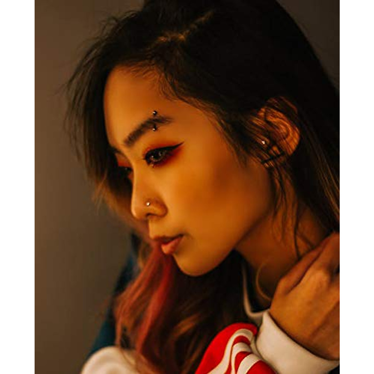 Ofeiyaa 38Pcs Stainless Steel Nose Rings Geometric Nose Studs Septum Ring Hoop Cartilage Stud Nose L & I Shape Body Piercing Jewelry for Women Silver Rose Gold Tone (A2:38pcs,S Silver Stone)