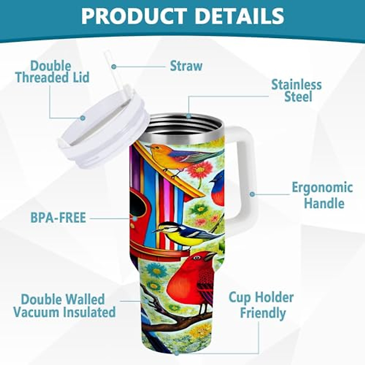 RPLIFE Colorful Birds 40 Oz Tumbler with Handle, Stainless Steel Cup, Insulated Water Bottle with Straw