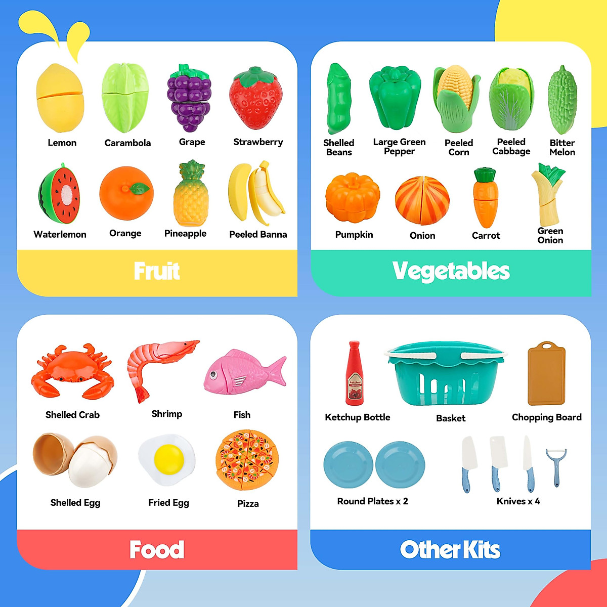 BELLOCHIDDO Kids Play Food - 70PCS Pretend Plastic Fruits & Vegetables & Kitchen Accessories with Basket, Cutting Food Toys for Toddlers - Toy Food Educational Gifts for Girls Boys