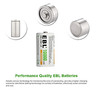 EBL Pack of 8 10000mAh Ni-MH D Cells Rechargeable Batteries, Battery Case Included