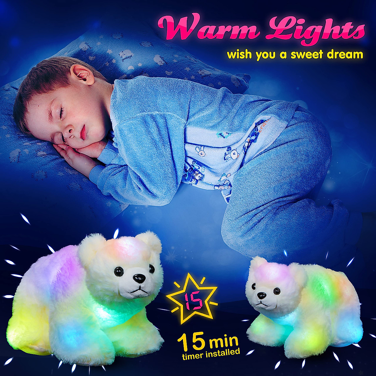 BSTAOFY Light up Polar Bear Stuffed Animal LED Night Light Soft Plush Toy Glow Gift for Kids on Christmas Birthday Valentine's Day, 11'', White