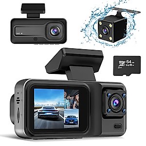 3 Channel 4K Dash Cam, Dash Camera for Cars with 64GB SD Card, 4K+1080P+1440P Dash Cam Front and Rear Inside, Super Night Vision, Loop Recording, G-Sensor, Motion Detection, 24 Hours Parking Mode