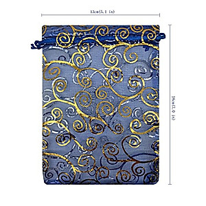 Ankirol 100pcs Sheer Organza Favor Bags 5x7'' for Wedding Bags Samples Display Drawstring Pouches (Blue-Gold Swirl)