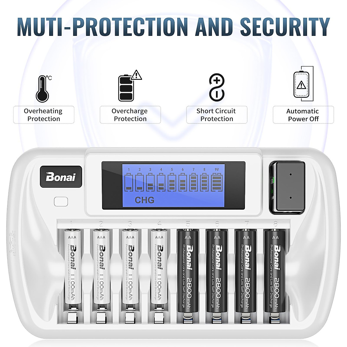 BONAI 8+1 Bay AA AAA Battery Charger with LCD Display for AA AAA NiMH NiCd & 9V Rechargeable Batteries Independent Control and Standard American AC Charging Plug