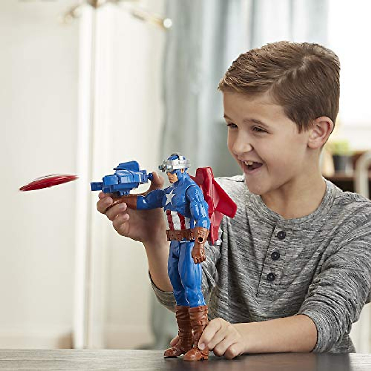 Avengers Marvel Titan Hero Series Blast Gear Captain America, 12-Inch Toy, with Launcher, 2 Accessories and Projectile, Ages 4 and Up , Blue