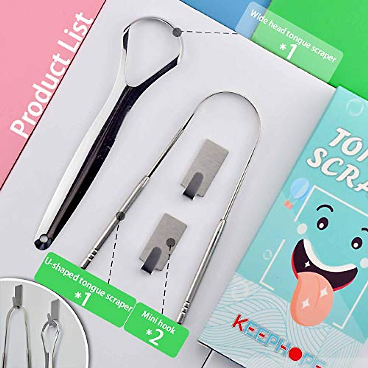 Tongue Scraper with Mini Hooks (2 Pack) Tongue Cleaner Medical Grade Stainless Steel Tongue Cleaning Tools for Adults and Kids Oral Care Eliminate Bad Breath Tongue Brush
