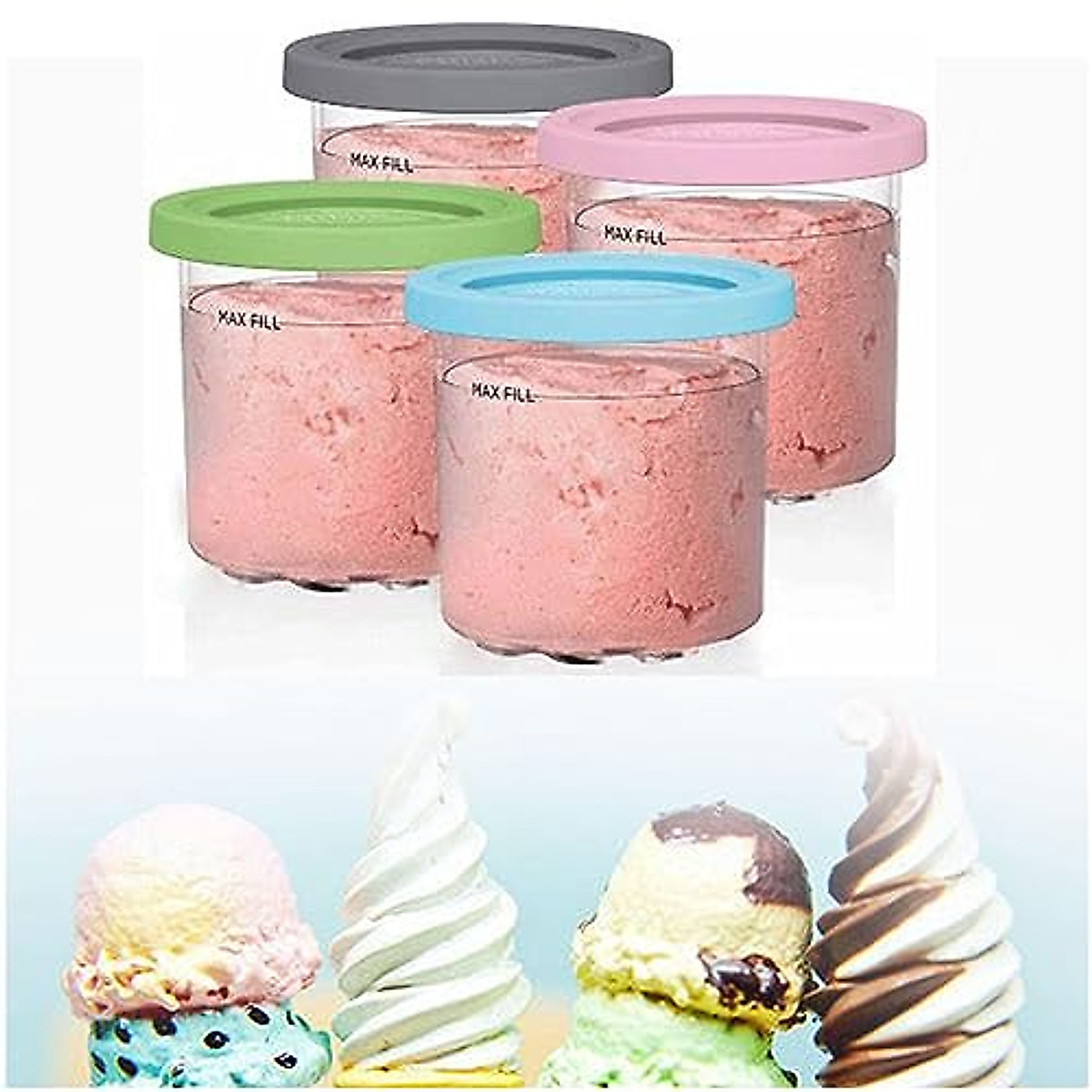 VRINO Creami Pints and Lids - 4 Pack, for Ninja Pints with Lids,16 OZ Ice Cream Storage Containers Dishwasher Safe,Leak Proof Compatible with NC299AMZ,NC300s Series Ice Cream Makers